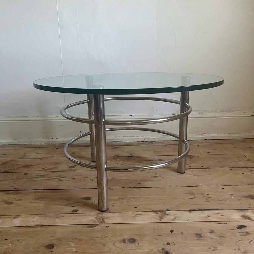 Mid century tubular chrome round glass coffee table - rediscova