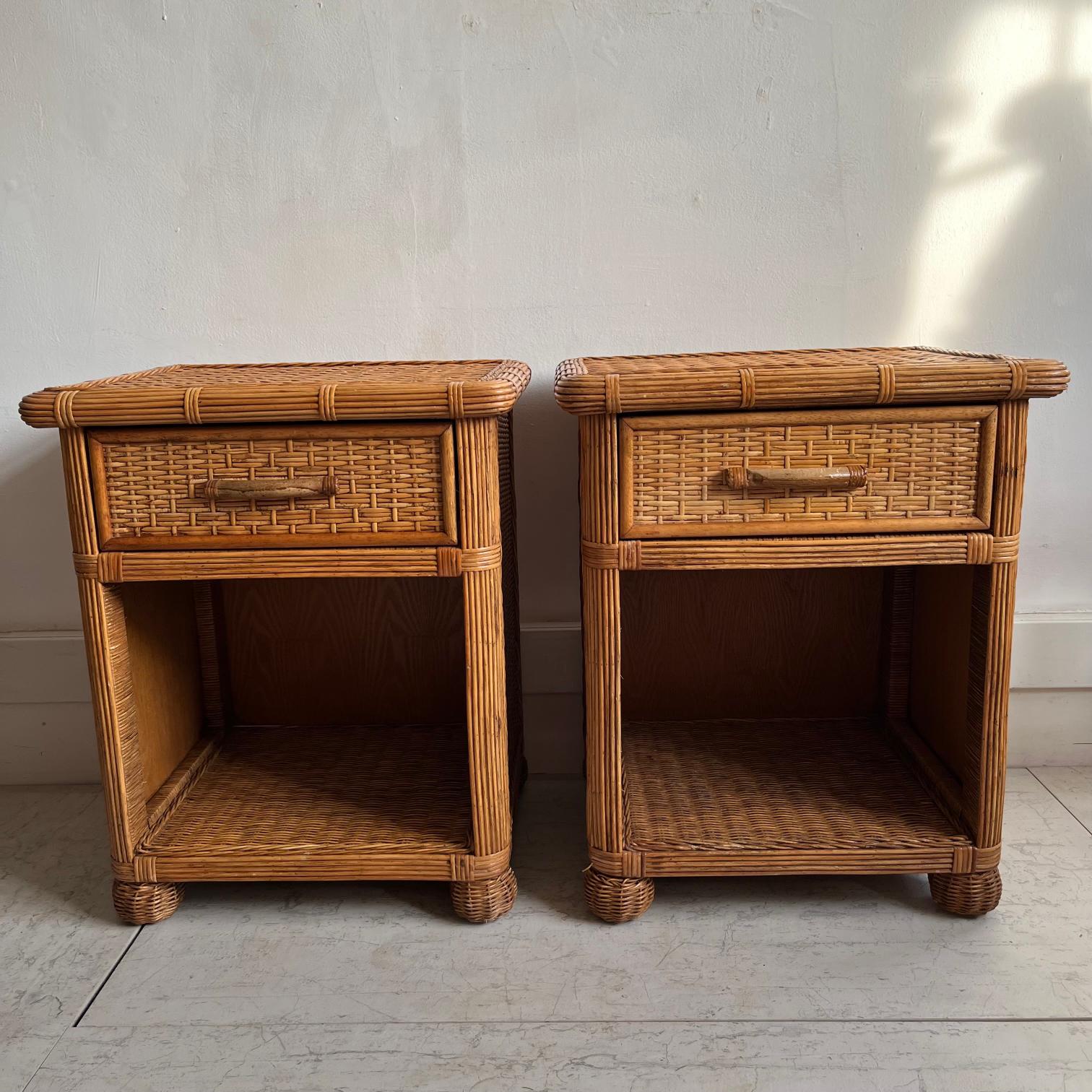 A pair of 1970's Rattan Wicker nightstands - rediscova