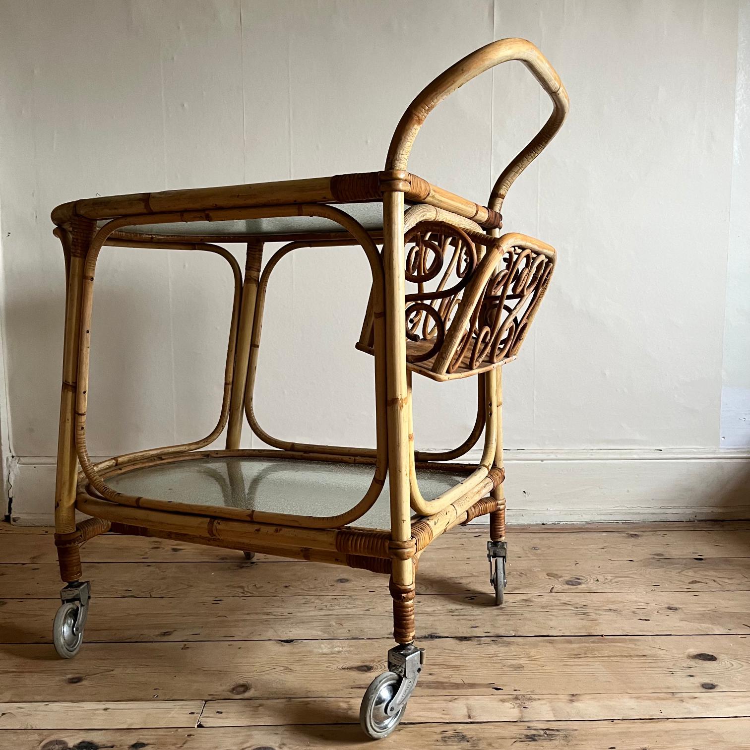 Vintage Bamboo Trolley with 2 glass shelves and bottle holder - rediscova